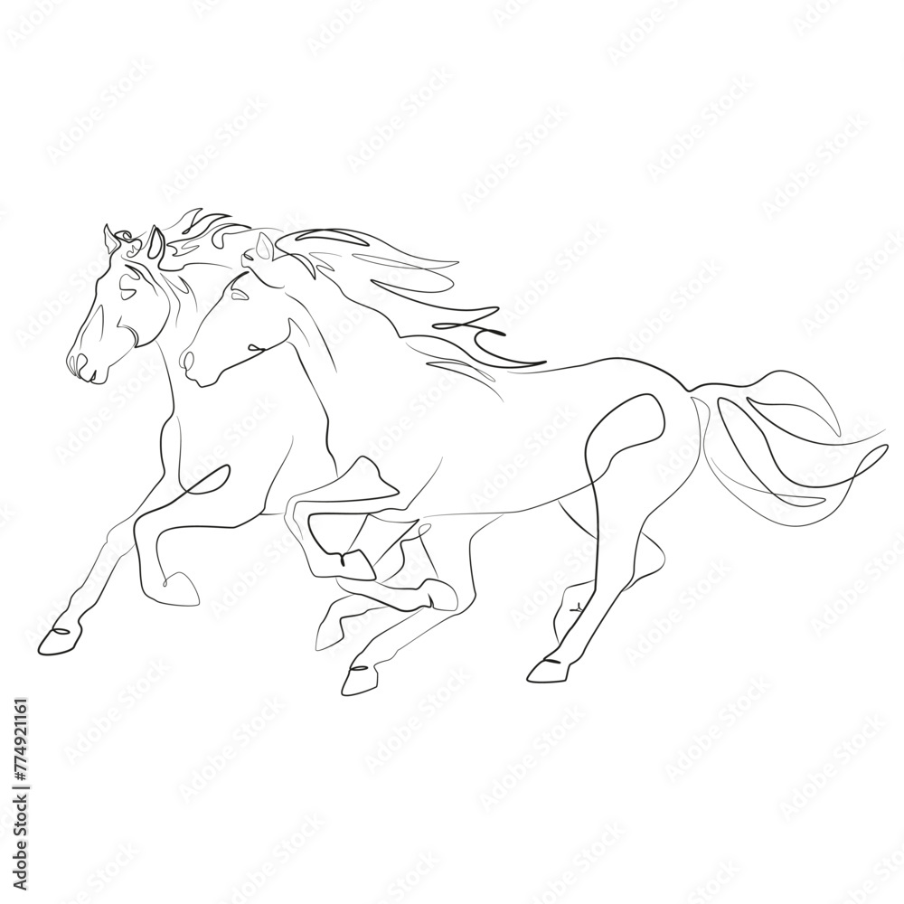Galloping two horses. Horse logo. Continuous one line drawing. Black ... Galloping two horses. Horse logo. Continuous one line drawing. Black ...