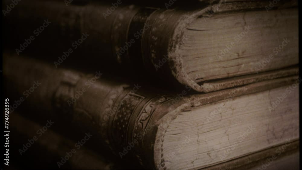 Rusty Ancient Books Pile Vintage film effect Zoom Out. Zooming out from ...