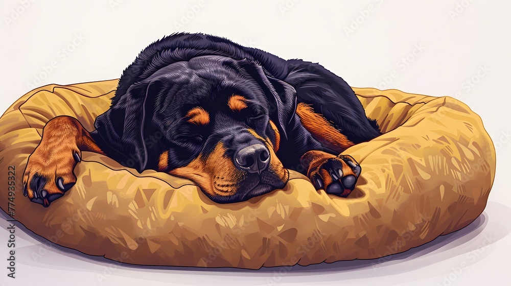 colorful illustration of a Rottweiler sleeping in a Fluffy Bed Stock ...