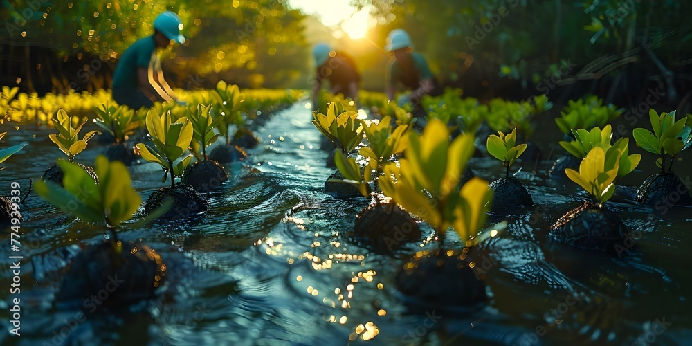 Volunteers plant mangroves to combat climate change in a coastal ...