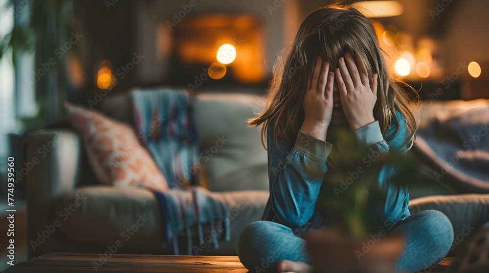 Portrait of an Exhausted girl in distress, sitting on couch in the ...