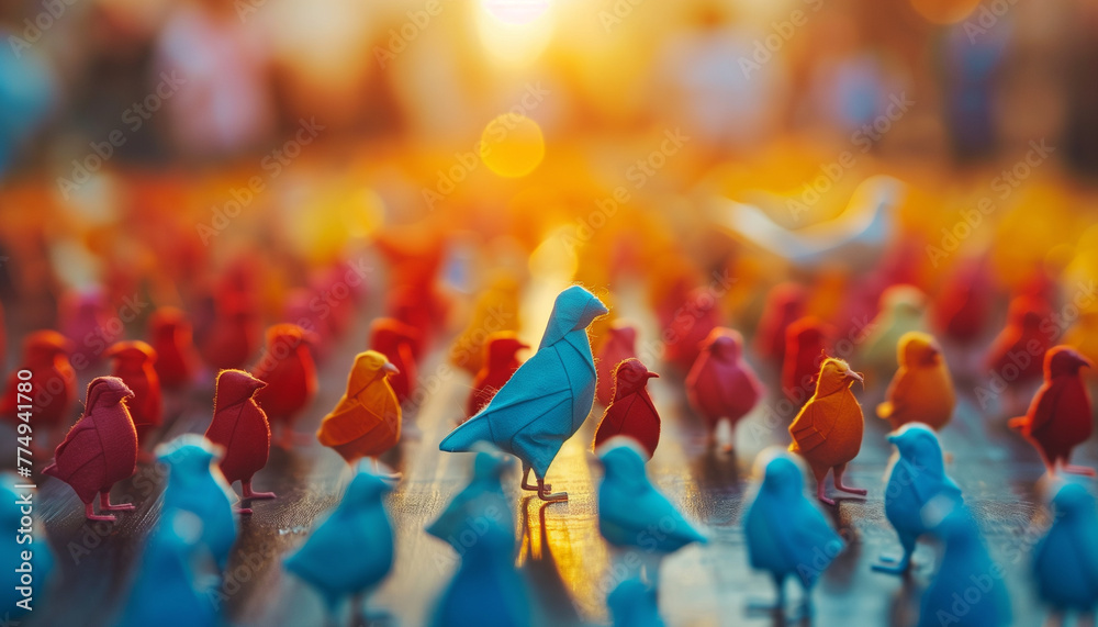 Colorful miniature figures in a crowd with a warm, glowing background ...