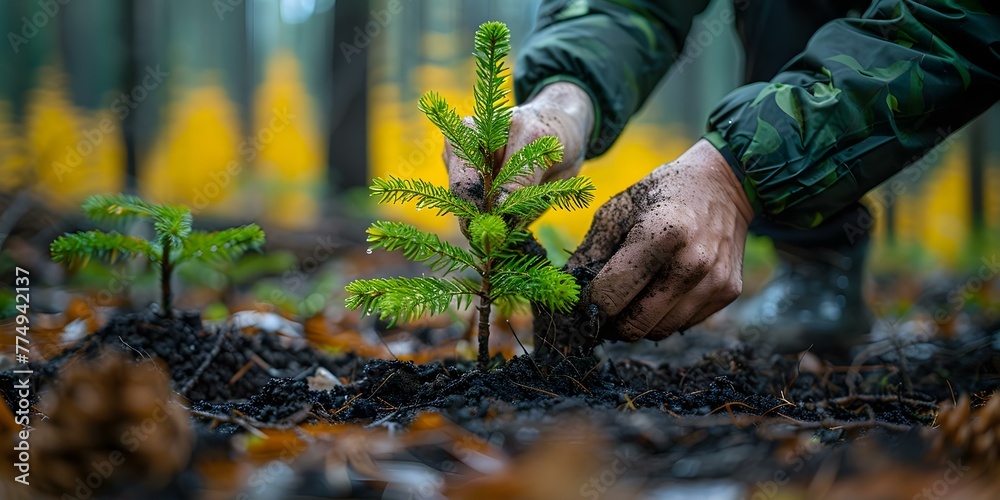 Hands planting a pine tree in a forest symbolizing reforestation and ...