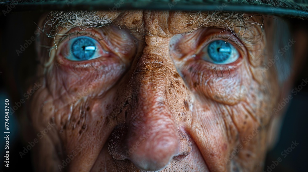A close-up photo of a veteran's wrinkled face, etched with the lines of ...