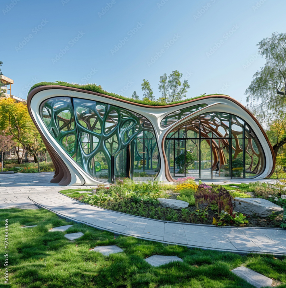 a modern pavilion, amorph structure, glass facade, steel structure ...