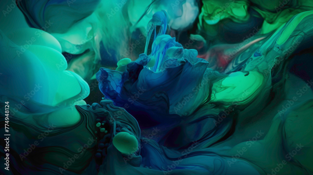 Liquid Luminosity. Luminous shades of ultraviolet and jade green illuminating a liquid canvas ...