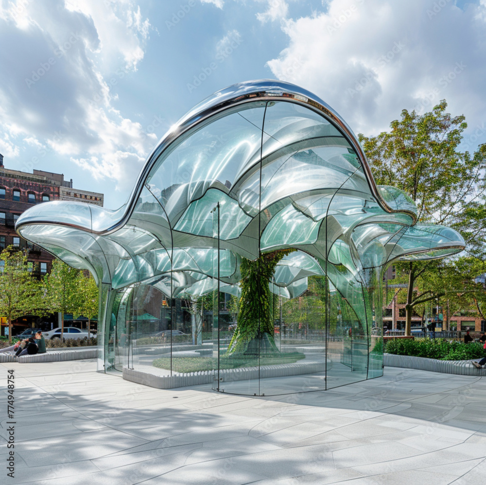 a modern pavilion, amorph structure, glass facade, steel structure ...
