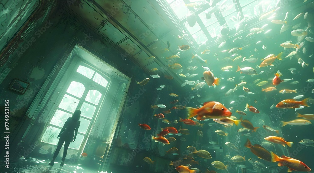 abstract scene of diverse fish swimming in an empty apartment ...