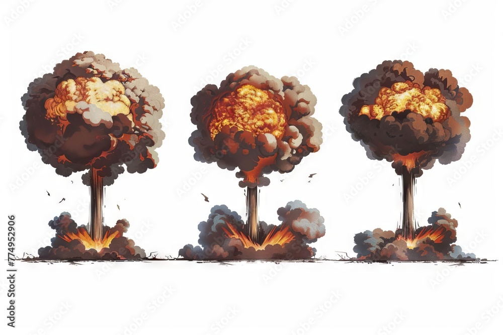 Multiple nuclear explosions and mushroom clouds, destructive atomic ...