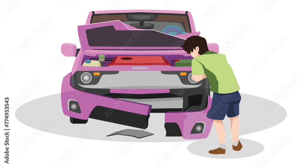 Cartoon Vector or Illustration of car. Pink car accident with broken ...