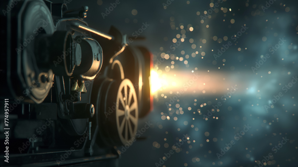 A nostalgic film projector casts a bright beam of light with floating ...