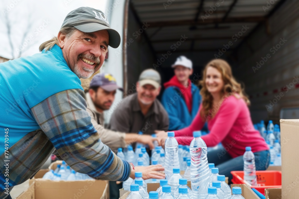 Charity, food donation and volunteering concept - group of happy ...