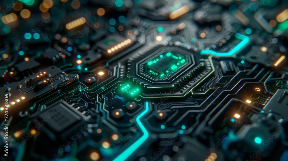 A topographical map-like scene with rivers of circuit boards flowing in ...