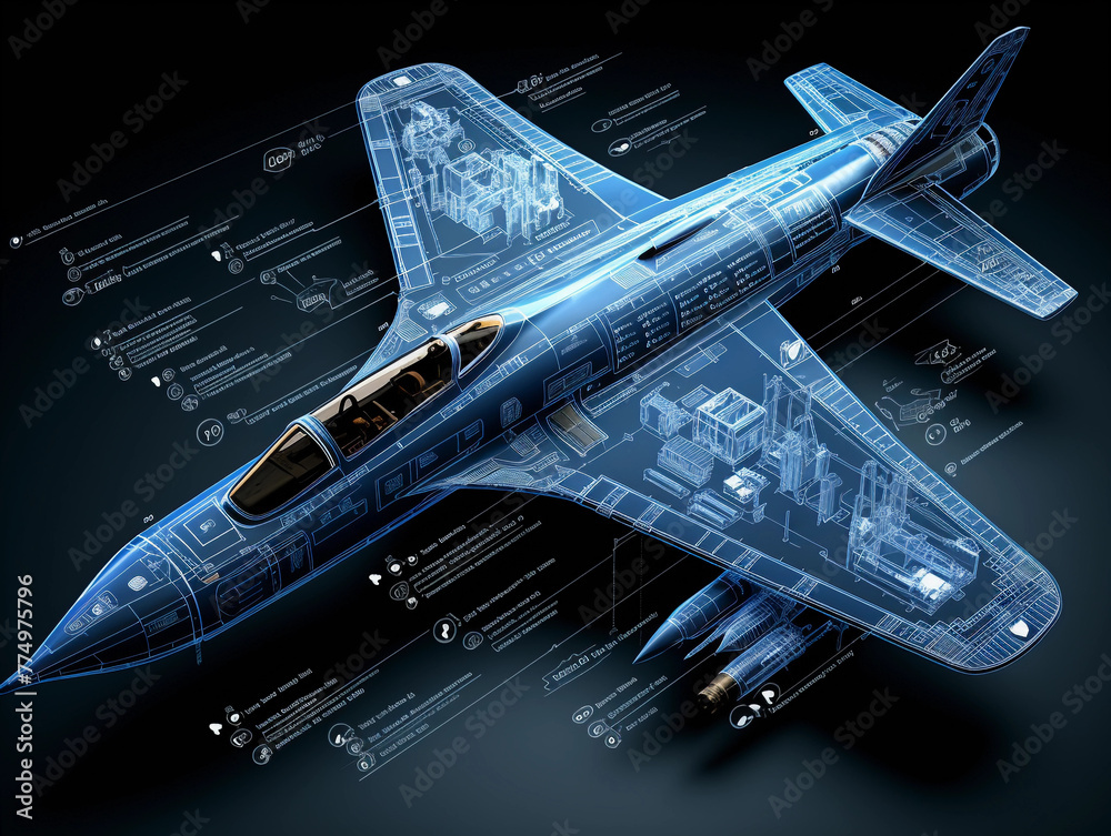Infographic blueprint displays the precise technical details of a plane ...