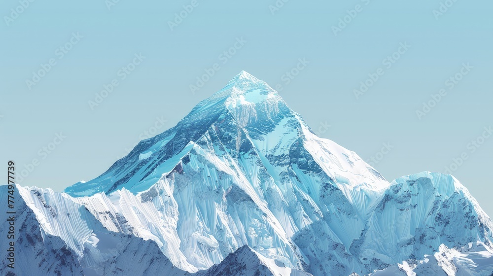 Snow-capped peak of Mount Everest against a clear blue sky isolated on ...