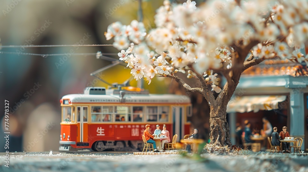 miniature illustration, under the White cherry blossom trees, the tram ...