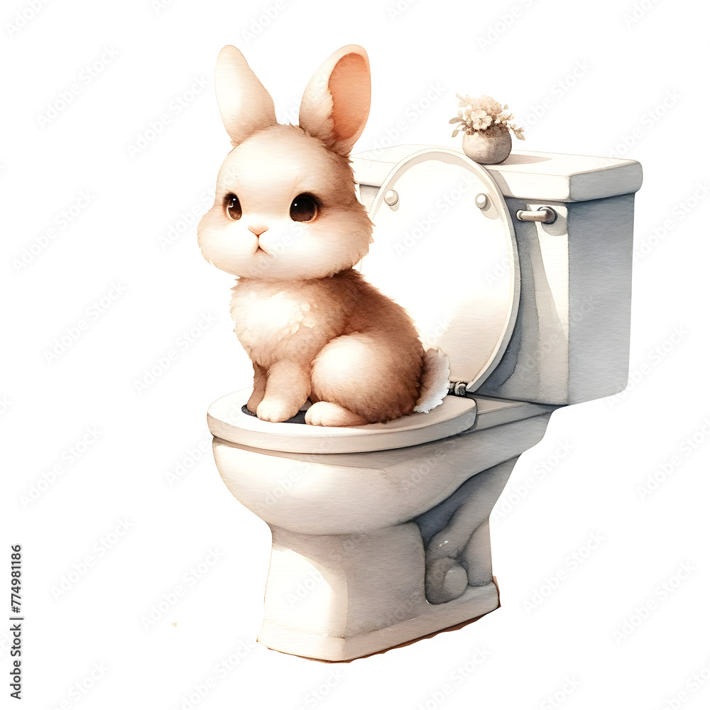 Cute watercolor animal character is sitting and pooping on the toilet ...