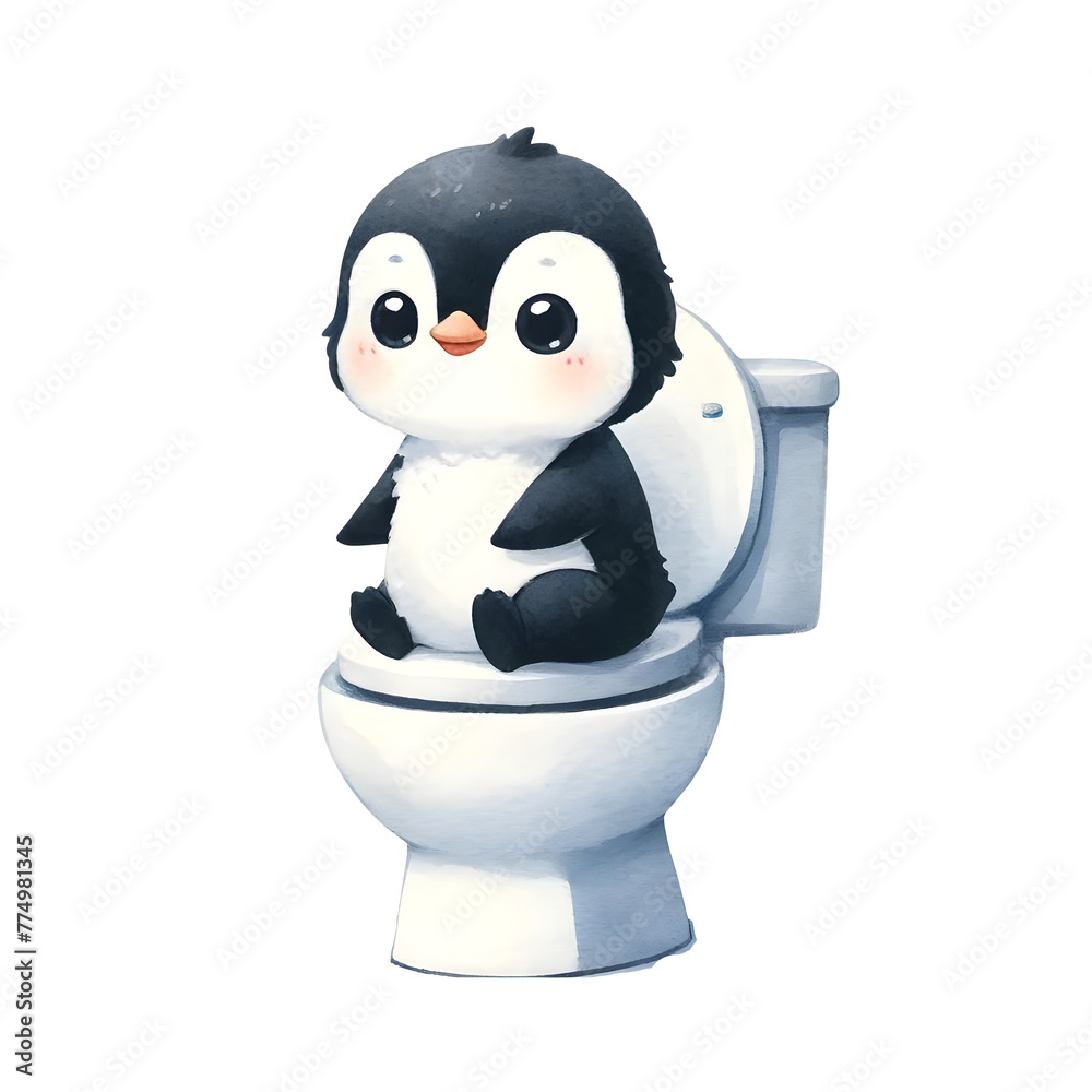 Cute watercolor animal character is sitting and pooping on the toilet ...