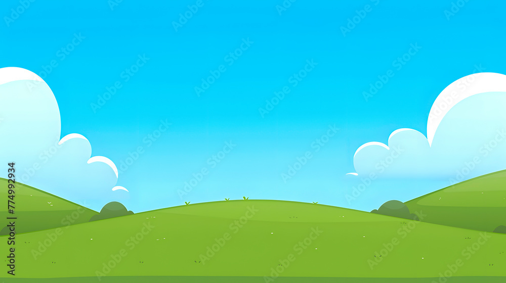 Simple cartoon landscape of vibrant green hills under a clear blue sky ...