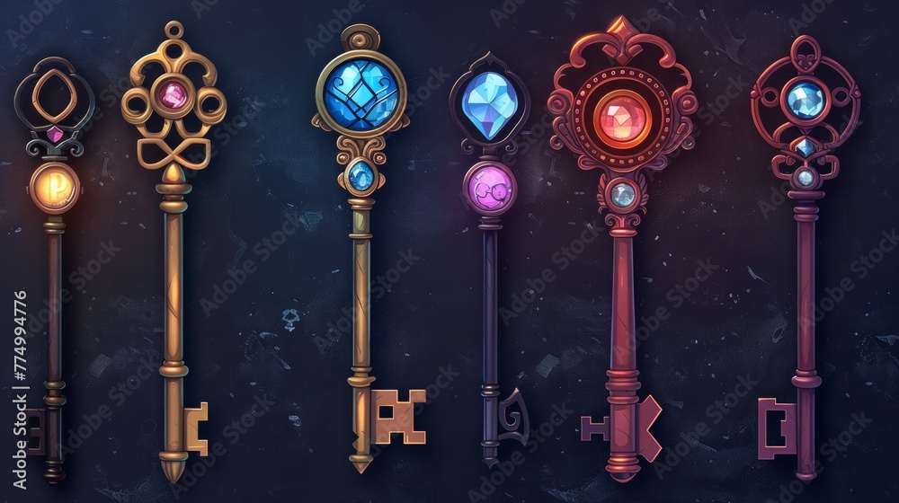 Set of vintage keys with different symbols and precious stones ...