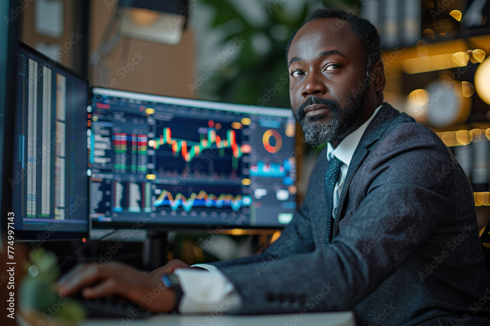 Talented African American Stock Exchange Investor Working on Desktop ...
