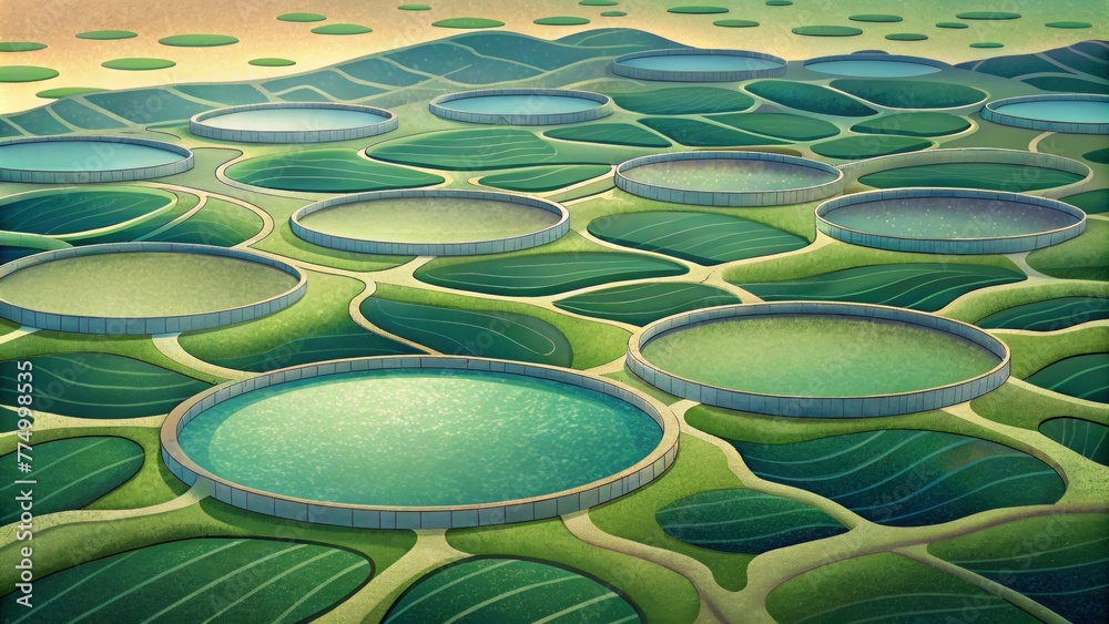 An aerial view of a vast array of algae biofuel ponds showcasing the ...
