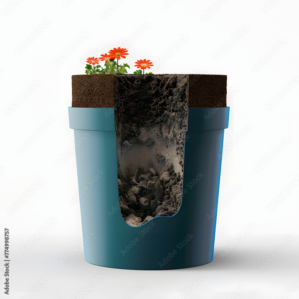 3d illustration of a cutaway flower pot. Cross section of a soil ...
