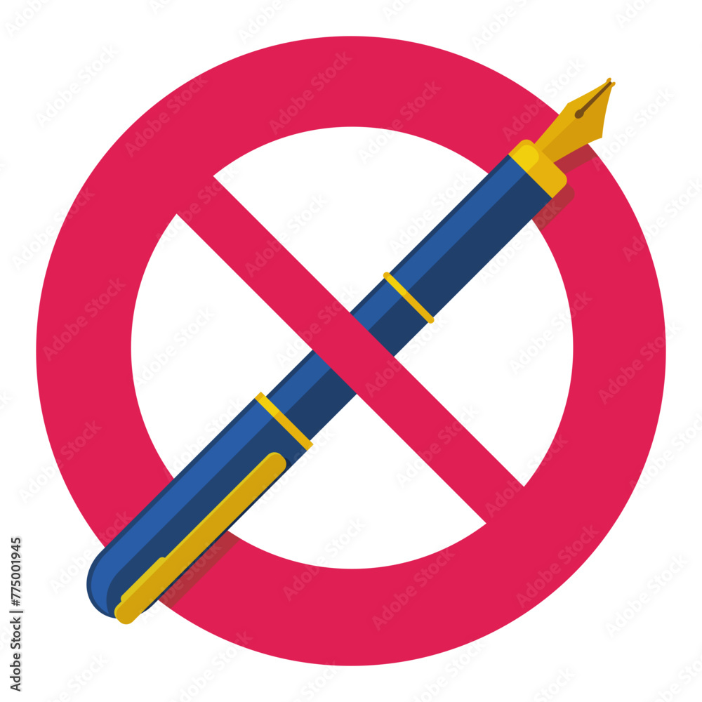 Blue and gold pen isolated barred by the circular red prohibition ...