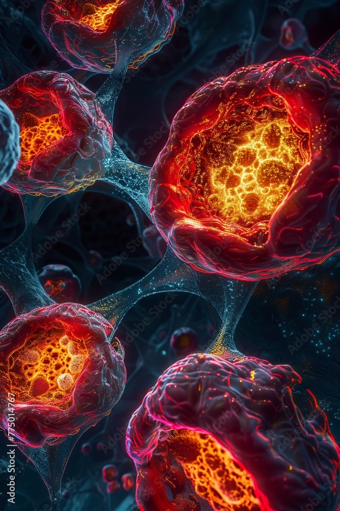 Macrophage differentiation in tissue, aerial shot, glowing red and gold ...