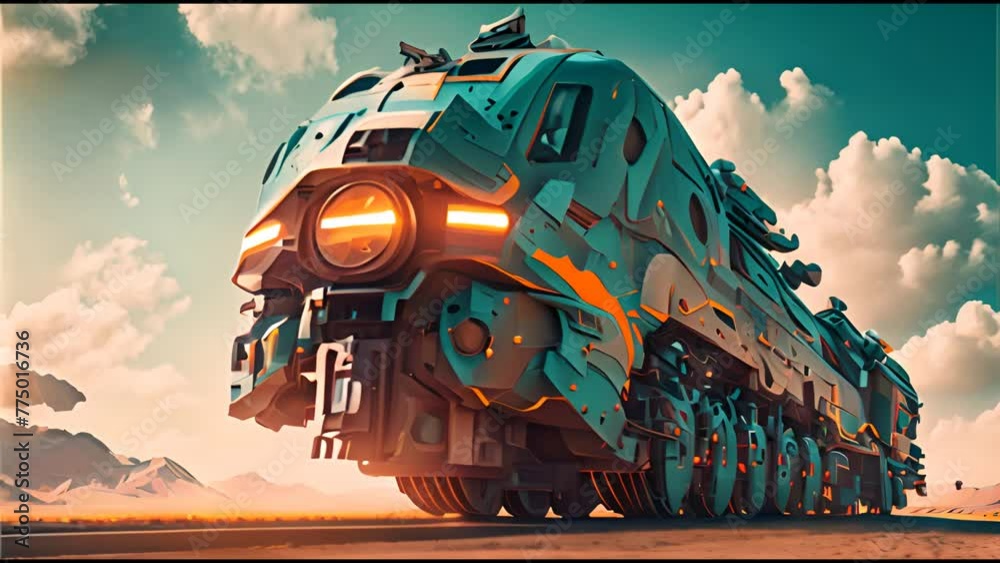 Futuristic transport train on blue sky digital art illustration ...