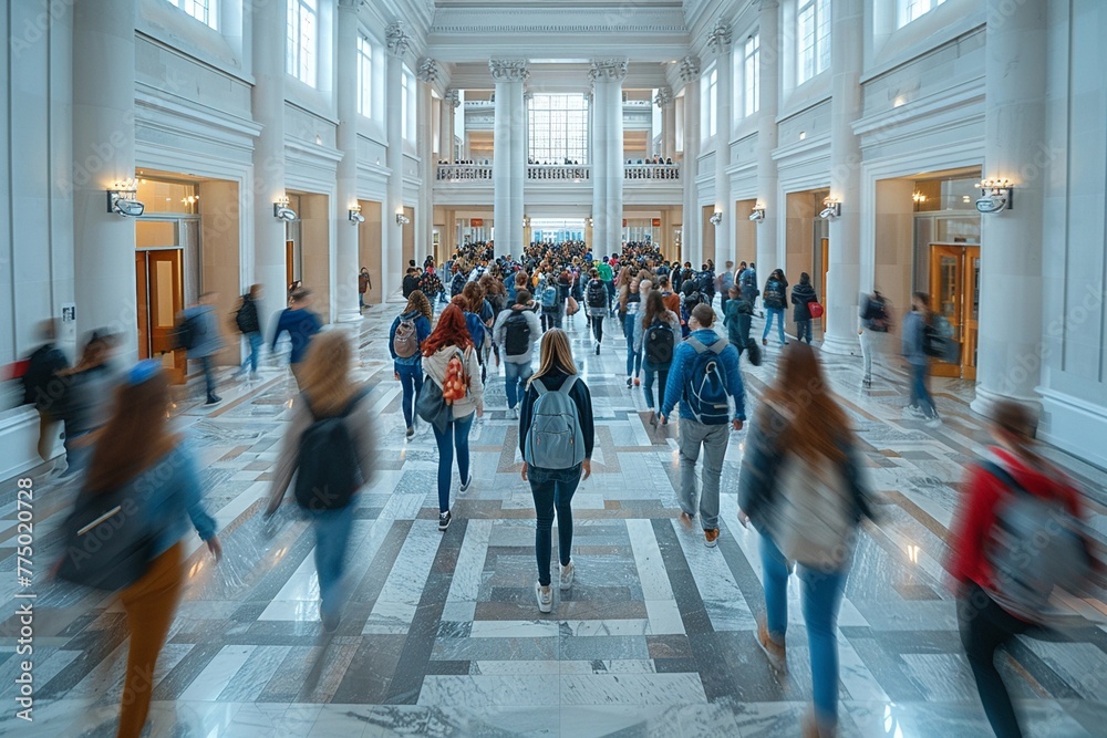 Busy Campus Life with Students Walking Through University Halls Stock ...