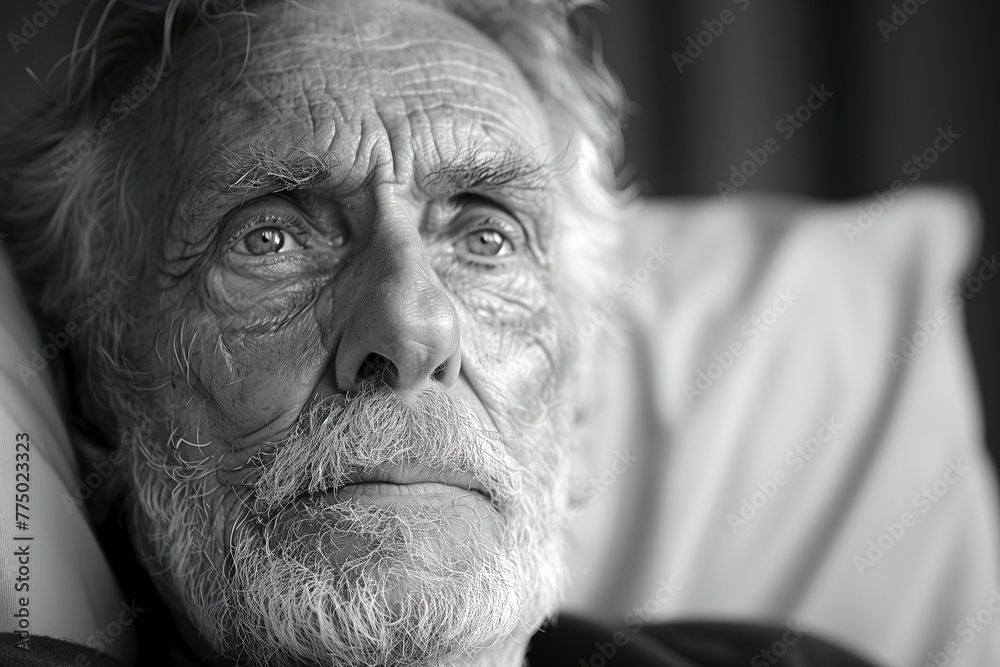 Elderly Man with Dementia. A black and white portrait captures the ...