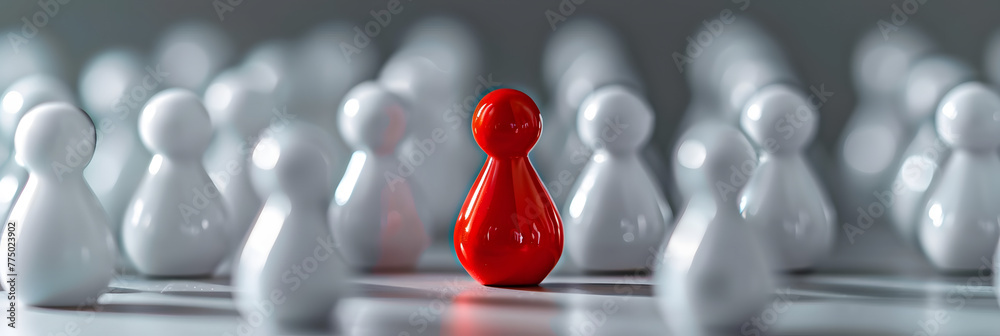 The unique red figurine stands out from the crowd of white, symbolizing ...