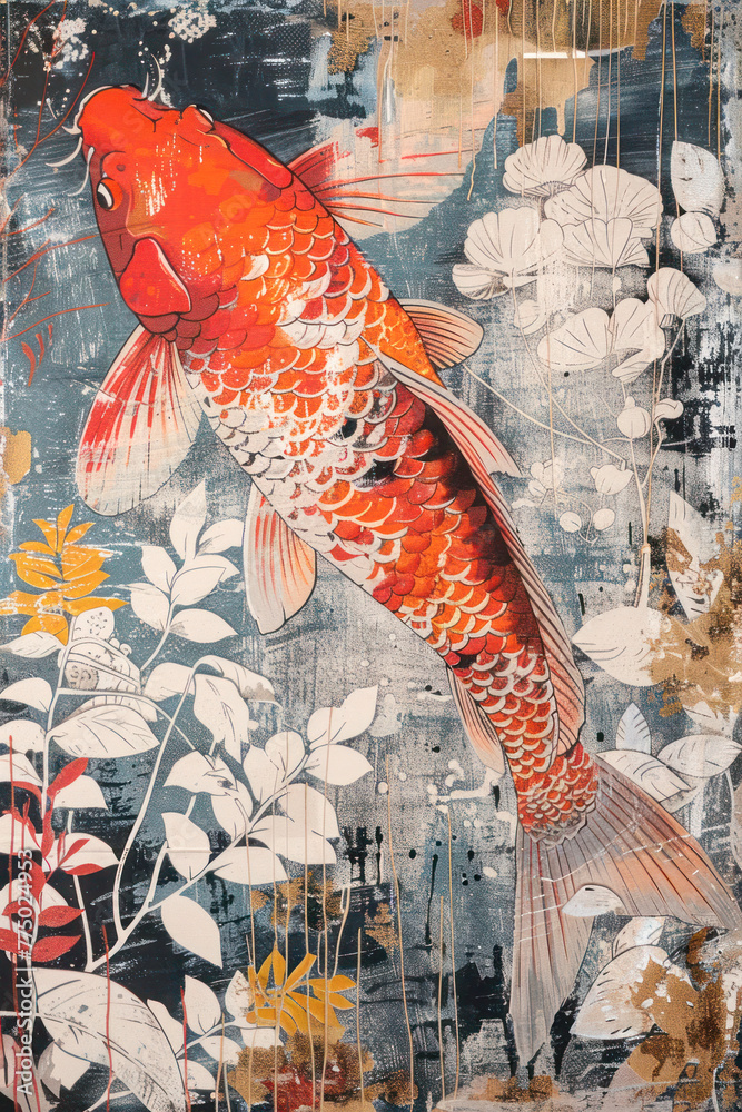Abstract Koi Fish Mural. A striking mural depicting a bold orange koi ...