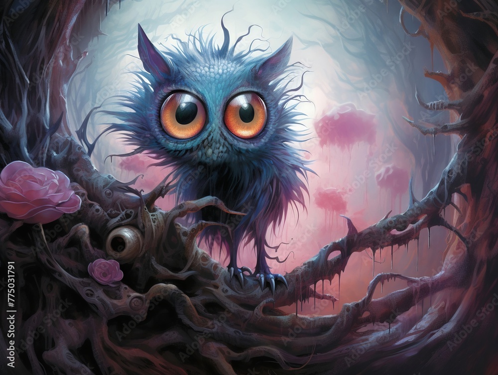 Otherworldly critter, whimsical eye glint, shadowy corner, mysterious allure, silent curiosity ...