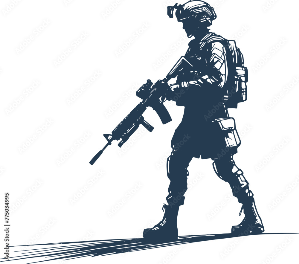 soldier with a machine gun at the ready vector monochrome drawing Stock ...