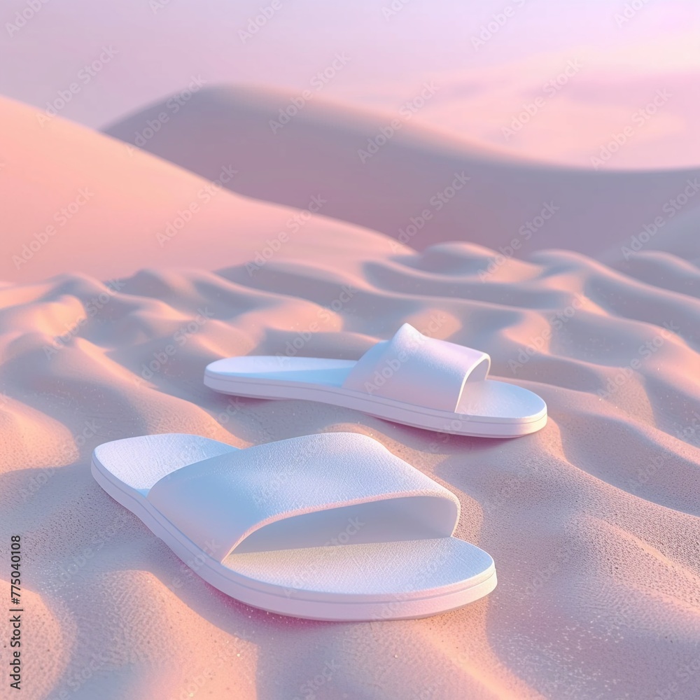 Beach sandals kicked off in the sand pastel colors background 3D ...