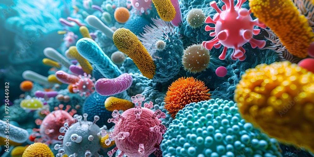 Microscopic image of various bacteria on a blue background representing ...