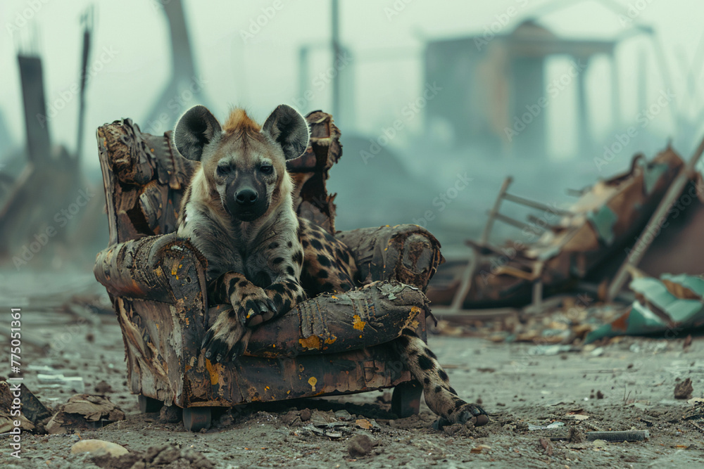 Produce an image of an abstract, savage hyena lounging on a throne of bones in a post ...