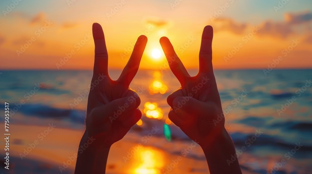 V sign fingers of two friends together at celebration party for their ...