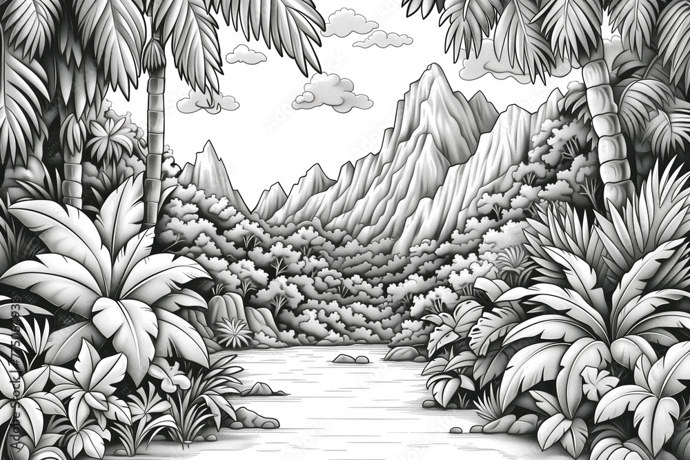 A drawing of a flowing river surrounded by lush trees and vegetation ...