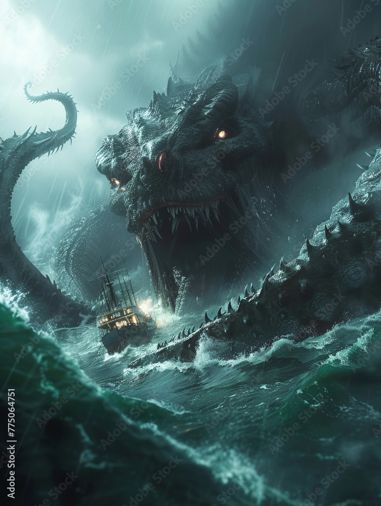 sea monster emerging from the depths Capture the creatures scale and ...