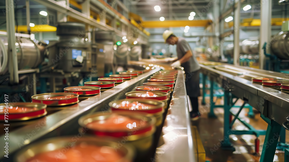 Production of canned tuna fish. Worker working in canned food factory ...