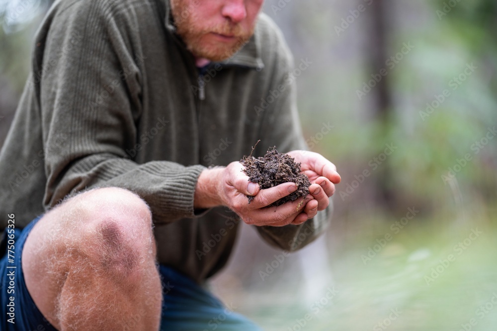 soil science student agriculture looking at a soil sample. girl on a ...
