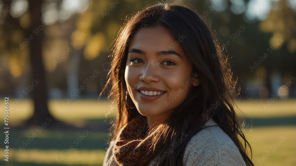 young pacific islander woman on morning sunlight winter park background ...