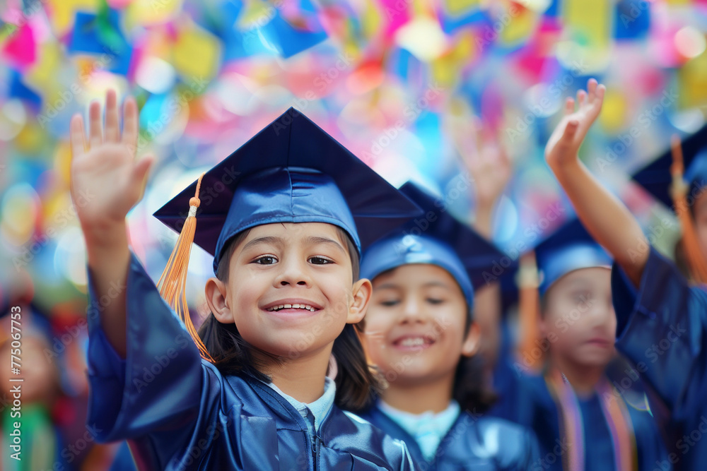 Joyful young graduates in blue caps and gowns waving at graduation ...