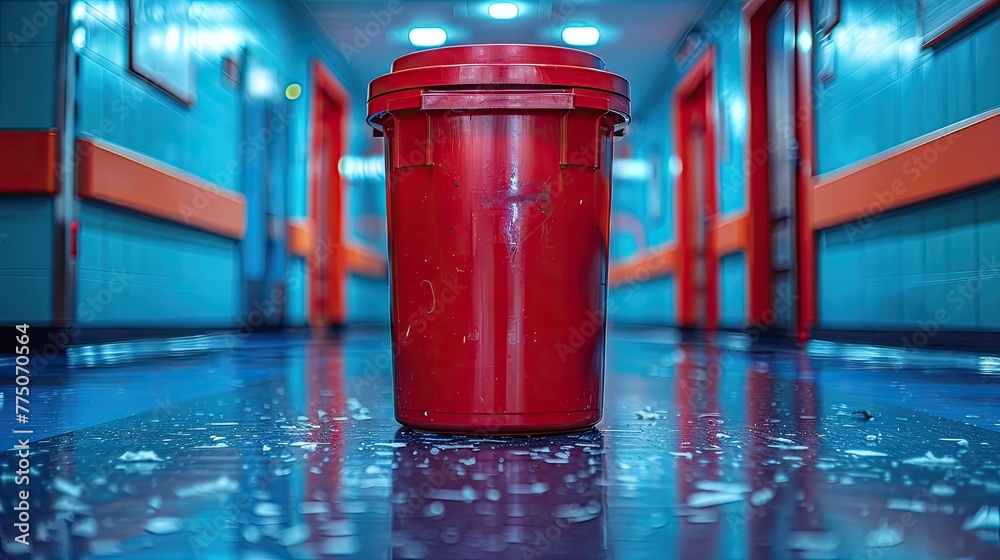 Medical waste disposal bin in a hospital corridor, proper disposal and ...