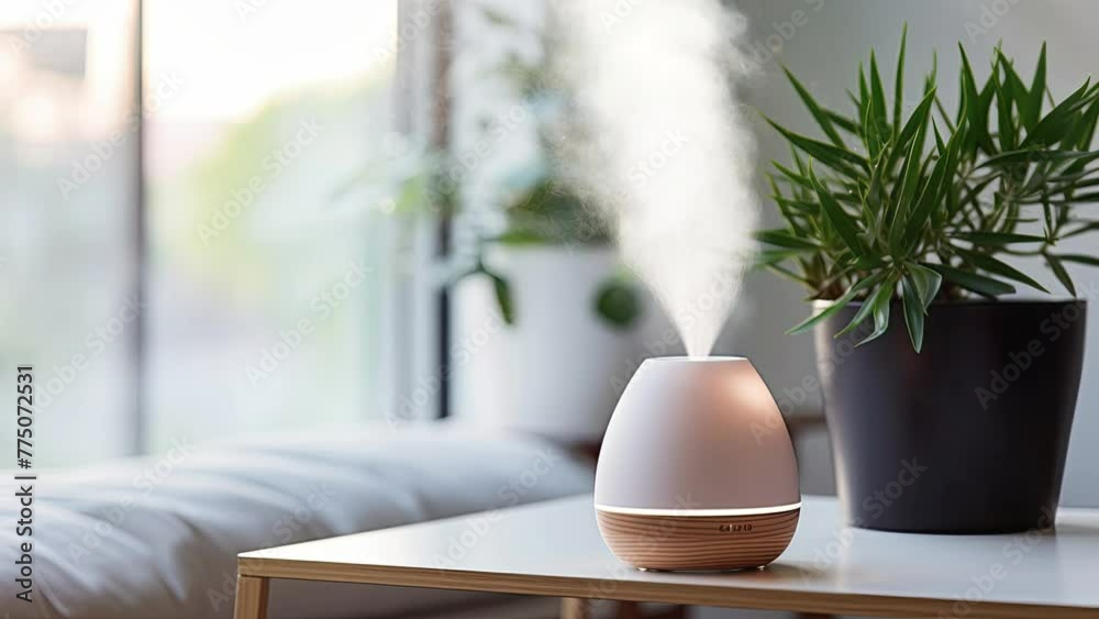 Aroma oil diffuser on table in modern home, steam rising from diffuser ...