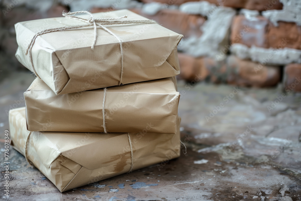 Stack of packages on a porch. Package shipment and delivery. Created ...
