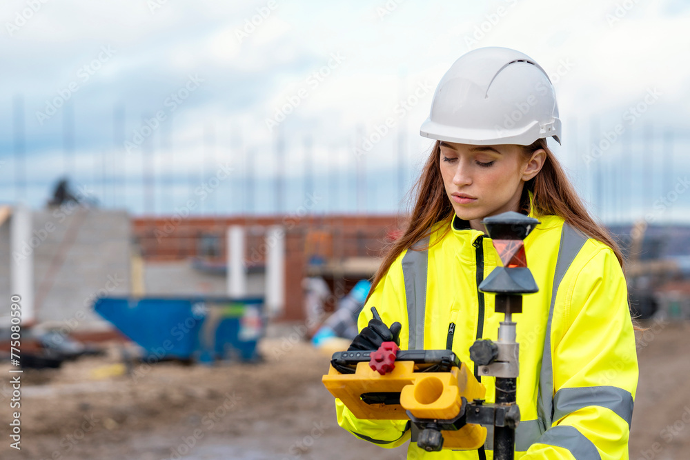 Female site engineer surveyor working with theodolite total station EDM ...
